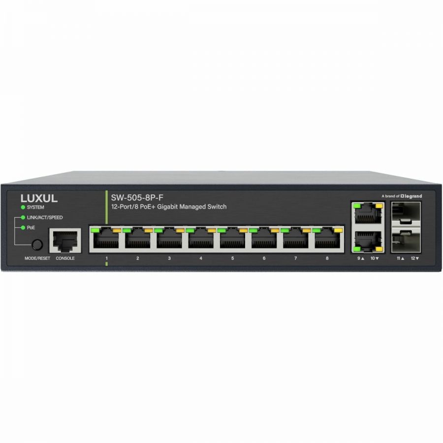LUXUL SW-505-8P-F 8-PORT PoE+ / 2 SFP FRONT-FACING PORTS RACKMOUNT GIGABIT L2/L3 MANAGED SWITCH